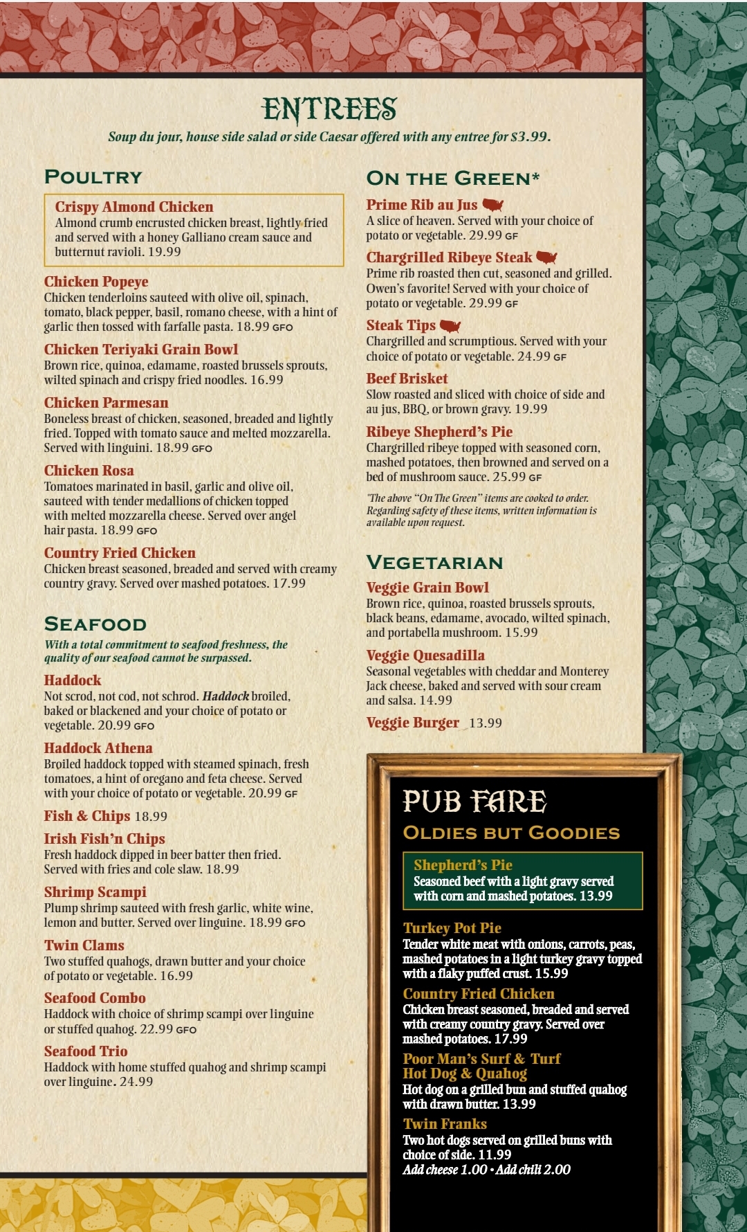 Entrees, Vegetarian, & Pub Fare - Owen O'Leary's Restaurant & Brew Pub
